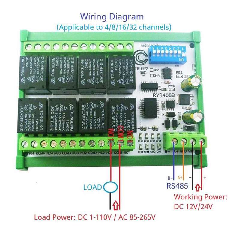 Module relais RYR408B – 8 voies 24V RS485 Modbus RTU avec rail DIN